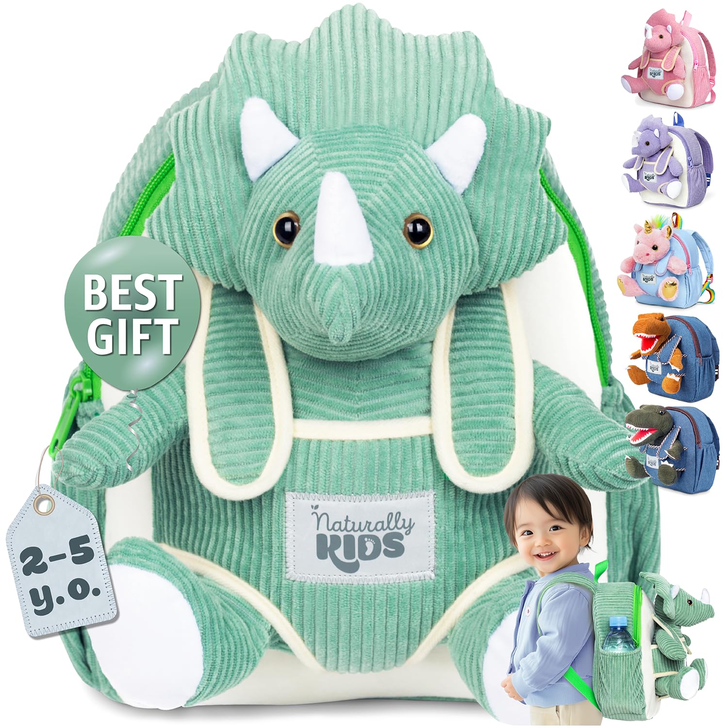 Naturally KIDS Green Dinosaur Toys for Girls, Triceratops Toy, Dinosaur Gifts for 2 3 Year Old Girls, Toddler Backpack
