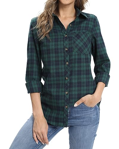 Fuinloth Women's Flannel Button Down Shirt, Plaid Long Sleeve Pure Cotton with Pocket 1 Dark Green Large