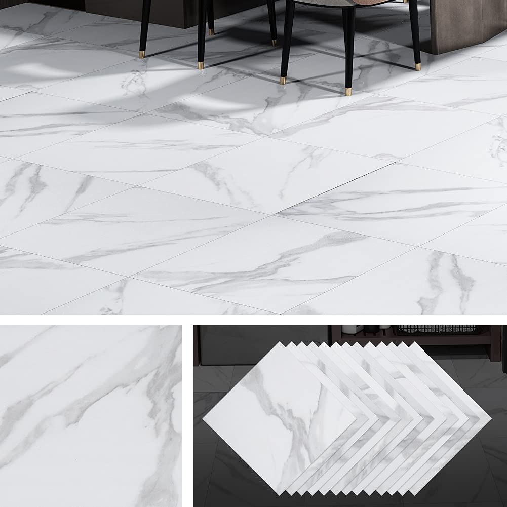 Livelynine 32-Pack Grey and White Flooring Peel and Stick Floor Tile Waterproof Marble Vinyl Floor Tiles Bathroom Kitchen Living Room Bedroom Laminate Flooring Stick on Floor Covering Linoleum 12X12