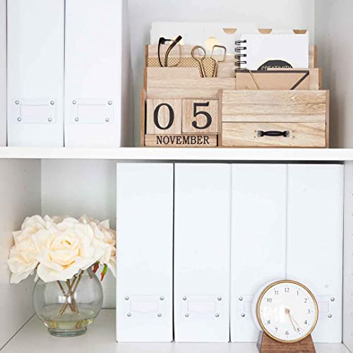 BLU MONACO Foldable White Magazine File Holder with Leather Label Holder - Set of 6 Cardboard Magazine File Boxes Desk File Organizer