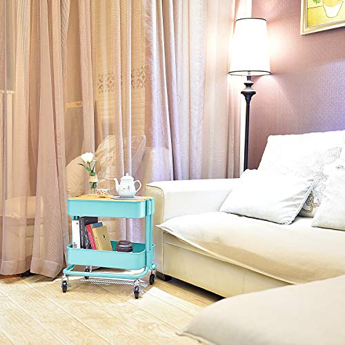 2-Tier Metal Utility Rolling Cart, Storage Side End Table with Cover Board