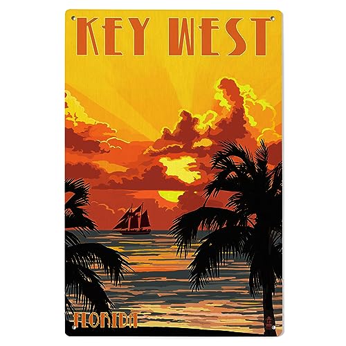 Lantern Press 6x9 Inch Wood Sign, Ready to Hang Wall Decor, Key West, Florida, Sunset and Ship