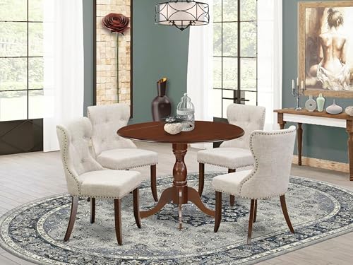East West Furniture DMSI5-MAH-35 5 Piece Dinette Set for 4 Includes a Round Dining Room Table with Dropleaf and 4 Doeskin Linen Fabric Upholstered Parson Chairs, 42x42 Inch, Mahogany