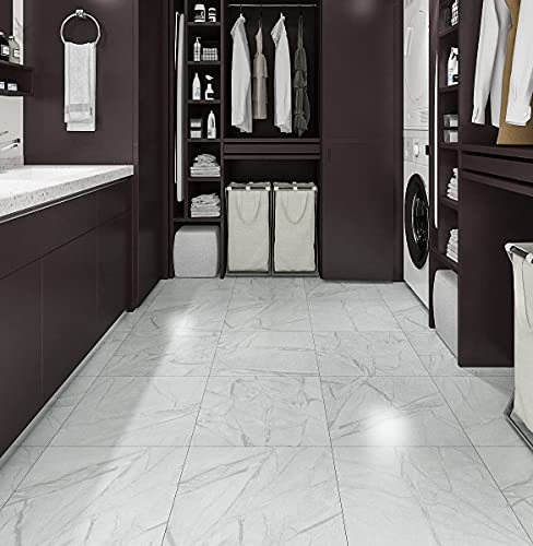 Livelynine 32-Pack White Peel and Stick Floor Tile Waterproof Vinyl Sheet Flooring Self Adhesive White Floor Tiles for Bathroom Kitchen Basement Bedroom Renter Friendly Laminate Flooring 12x12 Inch