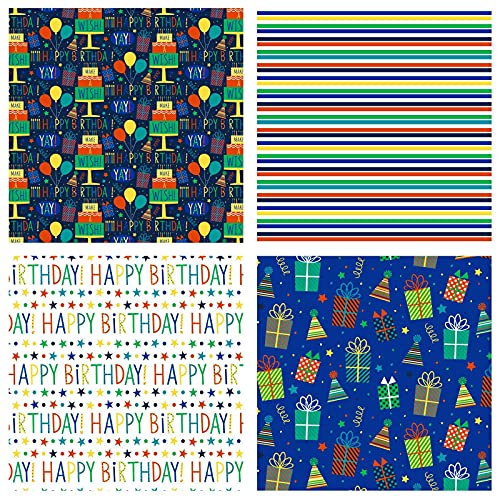 MAYPLUSS Birthday Wrapping Paper Large Sheet - FoldedĀ Flat - 4 Different Blue Gifts Design (30.1 sq. ft.TTL.) - 27.5 inch X 39.4 inch Per Sheet