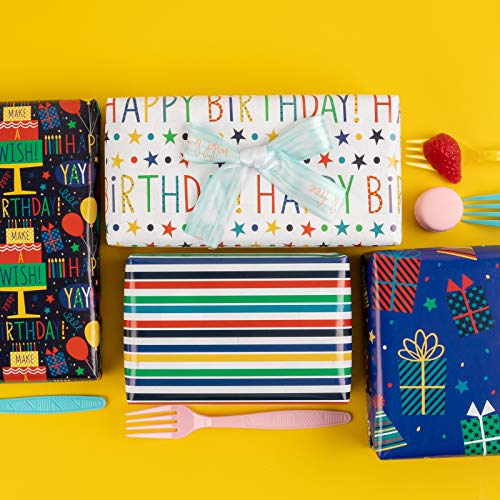 MAYPLUSS Birthday Wrapping Paper Large Sheet - FoldedĀ Flat - 4 Different Blue Gifts Design (30.1 sq. ft.TTL.) - 27.5 inch X 39.4 inch Per Sheet