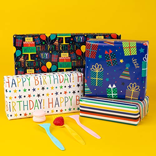 MAYPLUSS Birthday Wrapping Paper Large Sheet - FoldedĀ Flat - 4 Different Blue Gifts Design (30.1 sq. ft.TTL.) - 27.5 inch X 39.4 inch Per Sheet