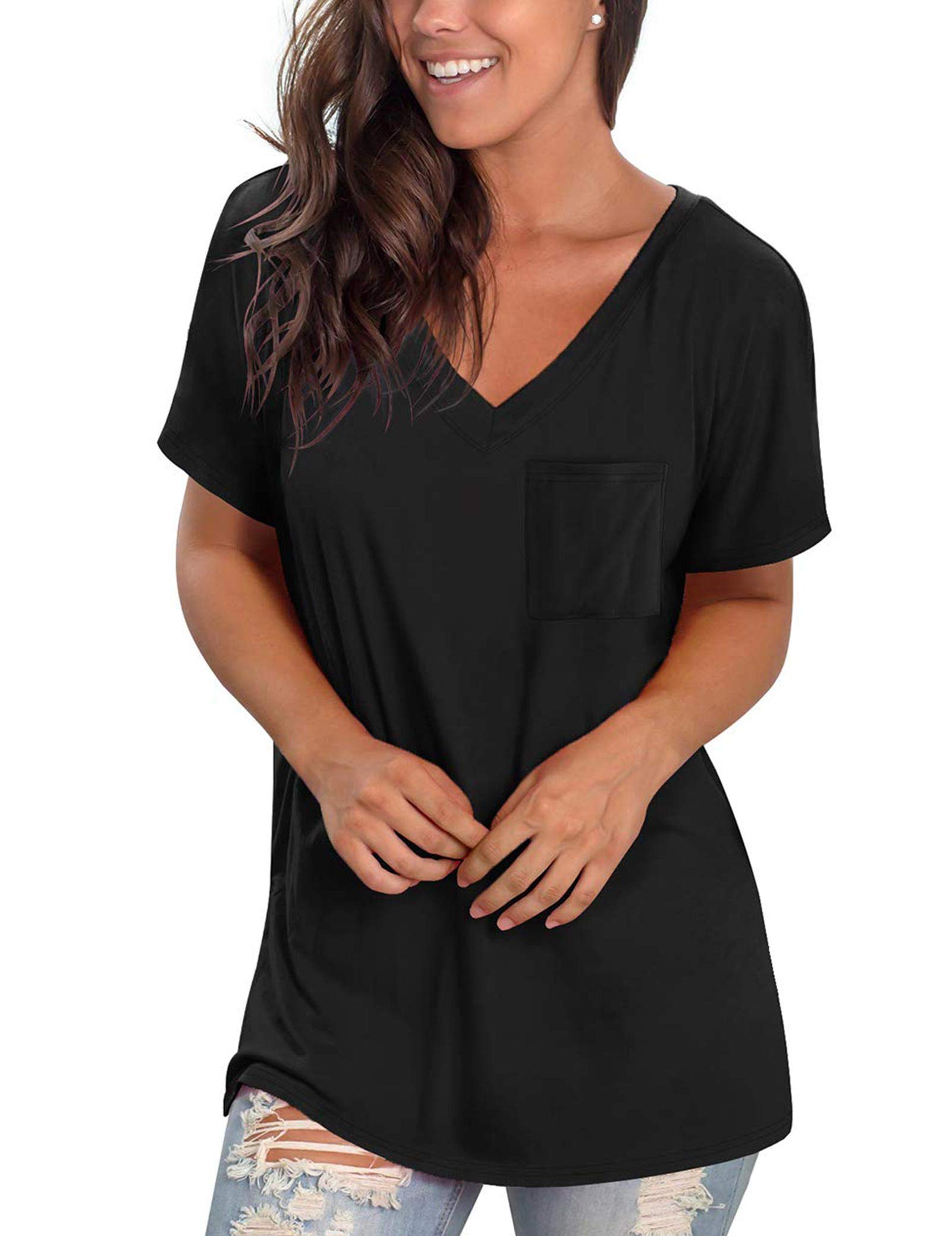 TODOLOR Summer T Shirts for Women Tunic Tops for Leggings Short Sleeve Loose Blouse Plus Size Black 3XL