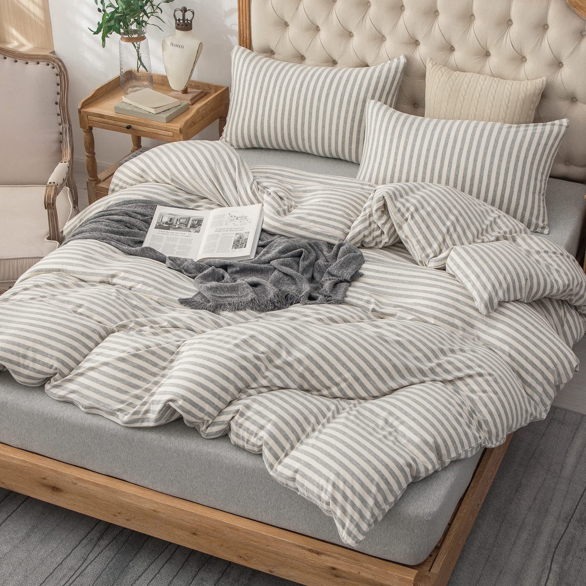 PURE ERA Jersey Knit Duvet Cover Set 100% T-Shirt Heather Cotton Super Soft Comfy Classic Striped Design, with Zipper Closure, Grey & White Stripe, Queen