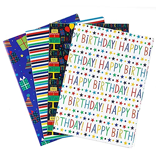 MAYPLUSS Birthday Wrapping Paper Large Sheet - FoldedĀ Flat - 4 Different Blue Gifts Design (30.1 sq. ft.TTL.) - 27.5 inch X 39.4 inch Per Sheet