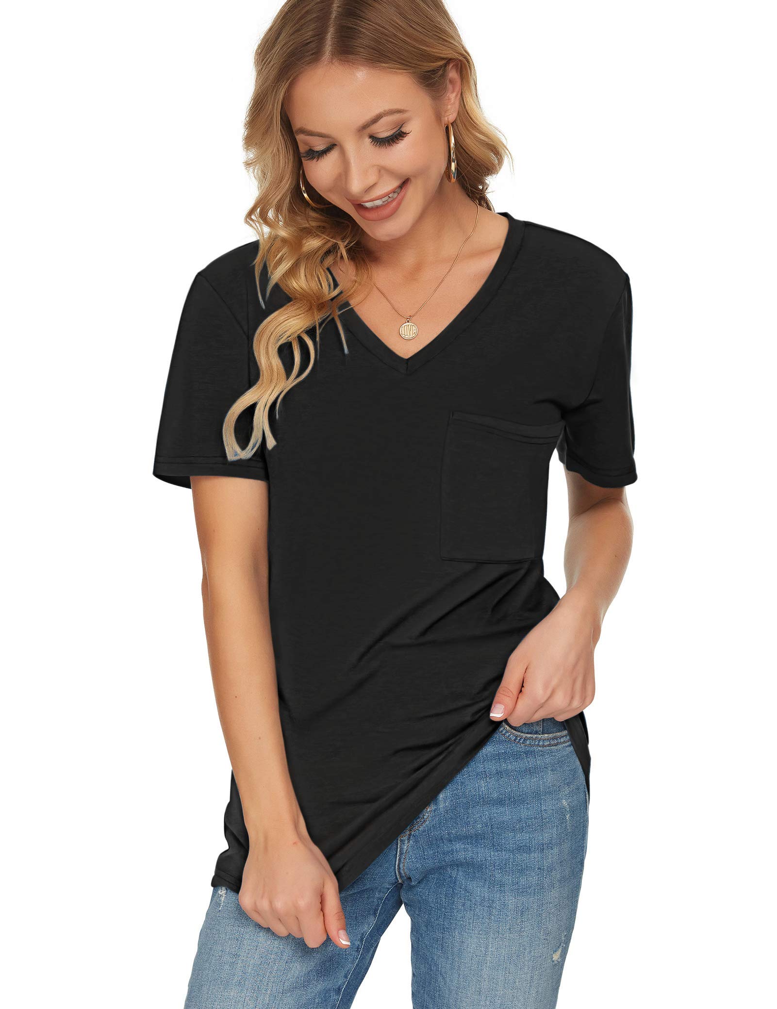 TODOLOR Summer T Shirts for Women Tunic Tops for Leggings Short Sleeve Loose Blouse Plus Size Black 3XL