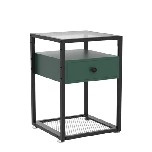 VECELO End Table, Modern Nightstand with Drawer, Night Stand Set of 2 for Bedroom Living Room,Tempered Glass, 2 Pack, Green