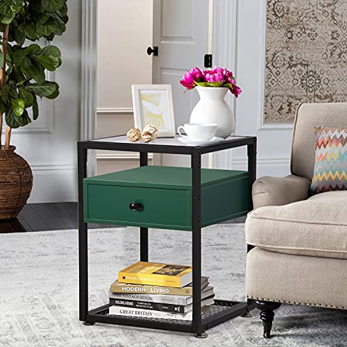 VECELO End Table, Modern Nightstand with Drawer, Night Stand Set of 2 for Bedroom Living Room,Tempered Glass, 2 Pack, Green