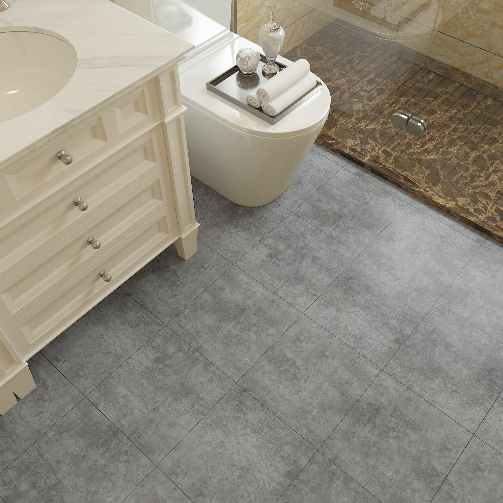 VEELIKE Peel and Stick Floor Tile 12''x12'' Distressed Grey Concrete Vinyl Flooring Waterproof Self Adhesive Removable Grey Stick on Floor Tiles for Bathroom Kitchen Bedroom Living Room 4 Tiles