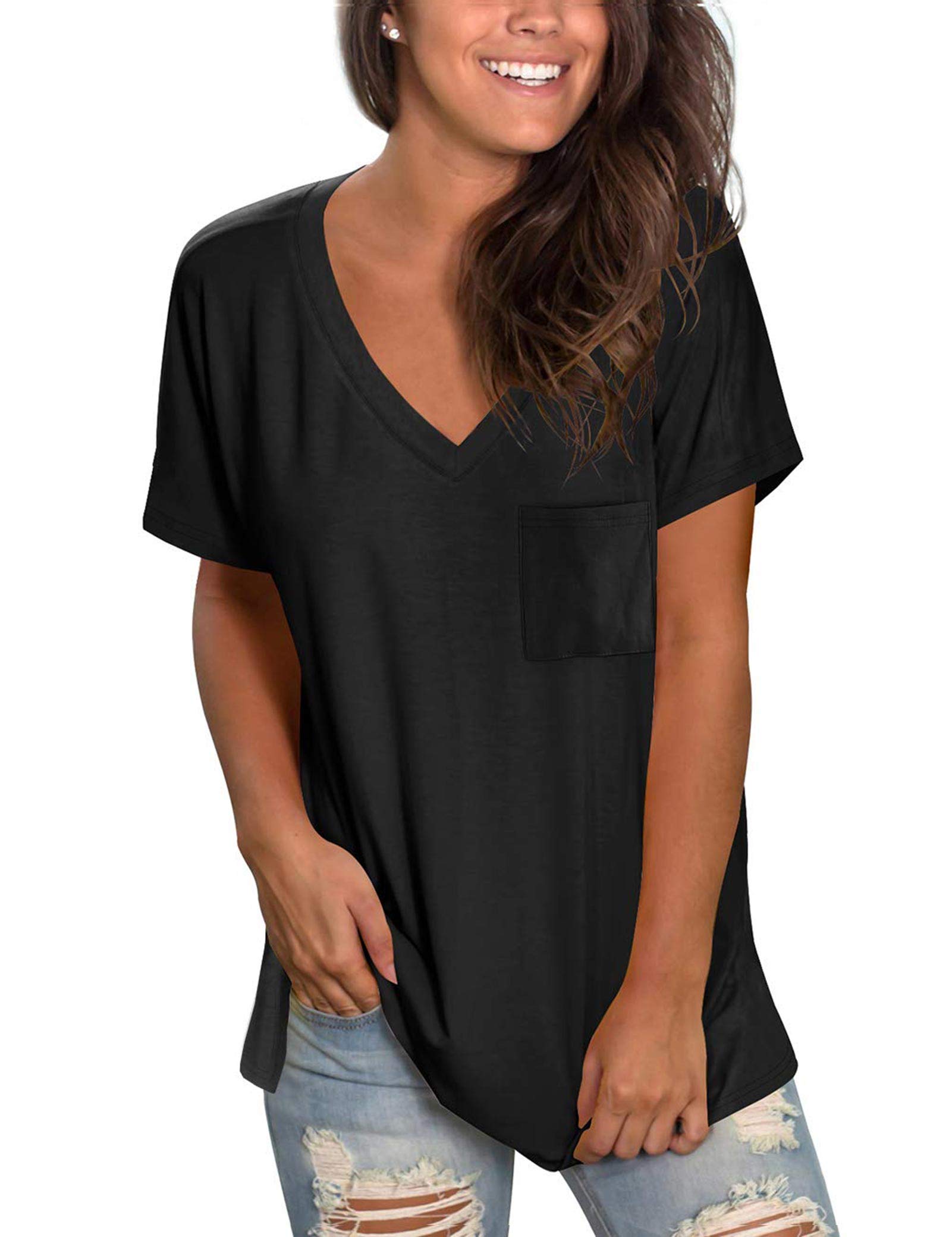 TODOLOR Summer T Shirts for Women Tunic Tops for Leggings Short Sleeve Loose Blouse Plus Size Black 3XL