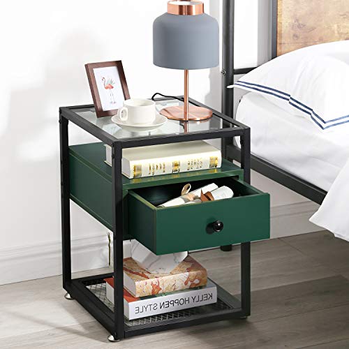 VECELO End Table, Modern Nightstand with Drawer, Night Stand Set of 2 for Bedroom Living Room,Tempered Glass, 2 Pack, Green