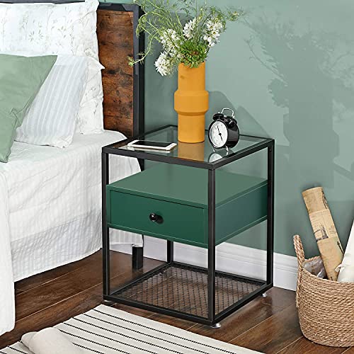 VECELO End Table, Modern Nightstand with Drawer, Night Stand Set of 2 for Bedroom Living Room,Tempered Glass, 2 Pack, Green