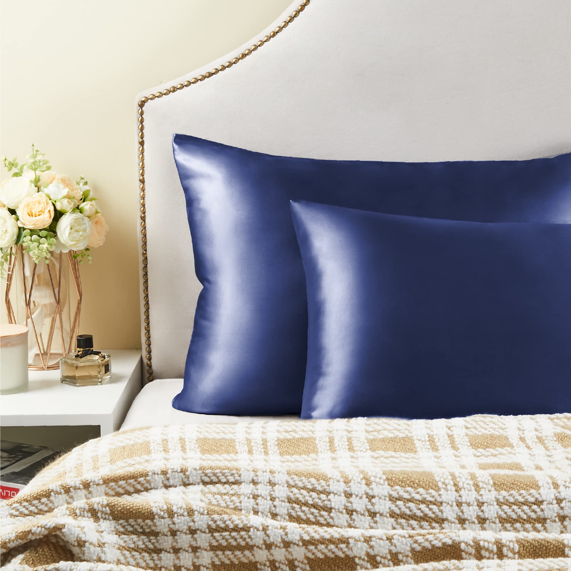BEDELITE Satin Pillowcase for Hair and Skin, Super Soft and Cooling Similar to Silk Pillow Cases 2 Pack with Envelope Closure, Gift for Women Men(20"x40" King Size, Navy)