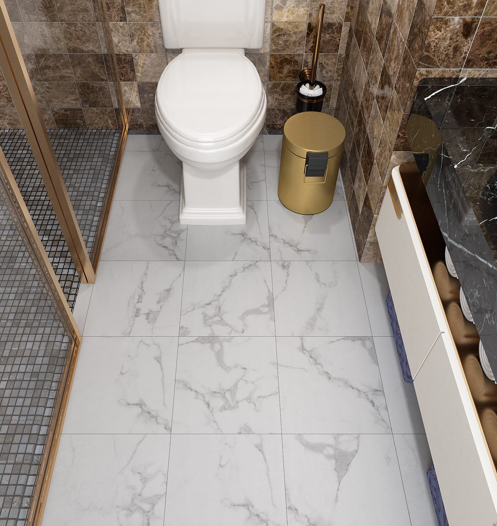 Livelynine Carrara Marble Peel and Stick Floor Tile Bathroom Waterproof Floor Tiles White Marble Vinyl Flooring Sheet Sticky Laminate Flooring Kitchen Renter Friendly Linoleum Stickers 12x12 4-Pack