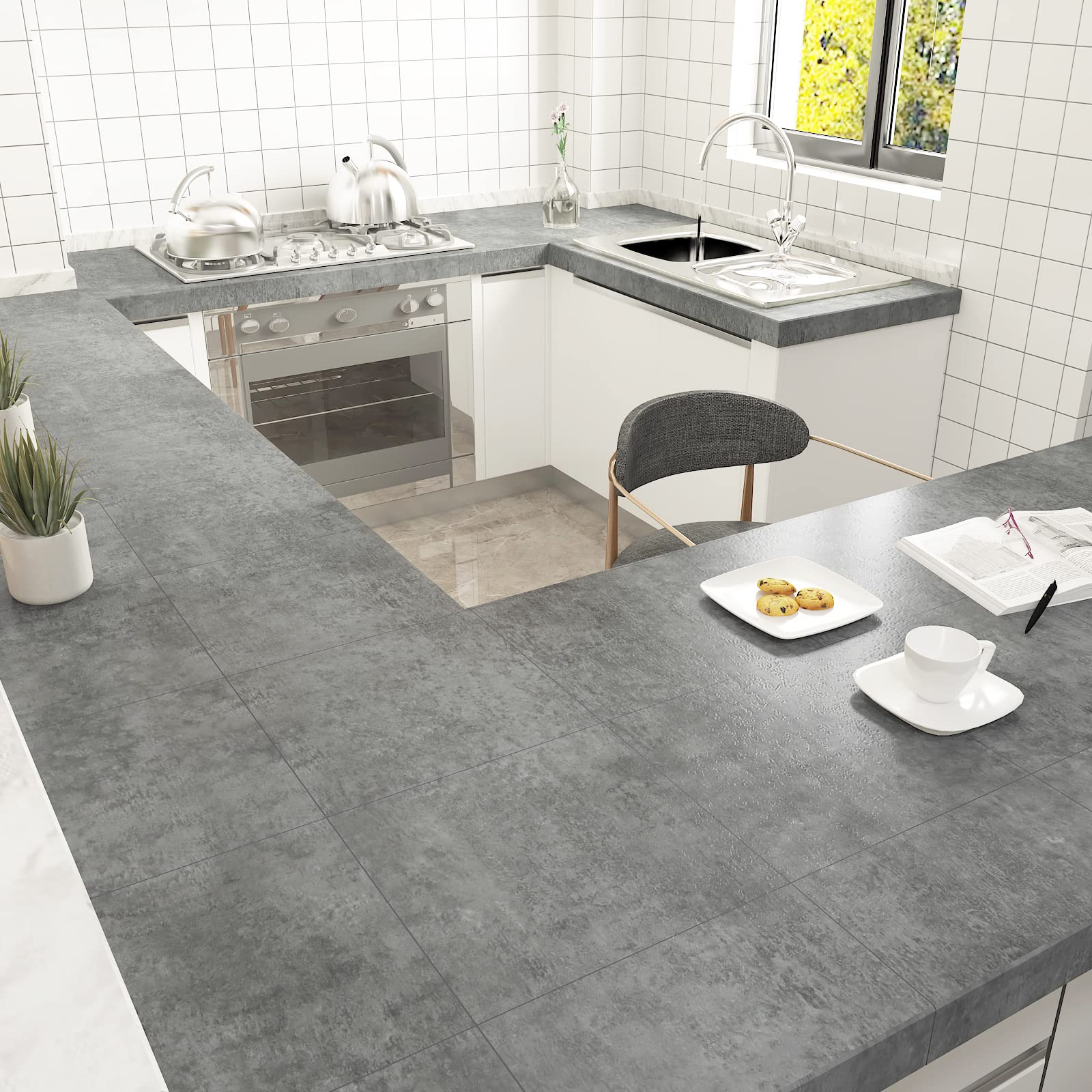 VEELIKE Peel and Stick Floor Tile 12''x12'' Distressed Grey Concrete Vinyl Flooring Waterproof Self Adhesive Removable Grey Stick on Floor Tiles for Bathroom Kitchen Bedroom Living Room 4 Tiles