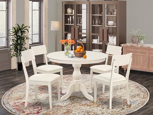 East West Furniture HBAD5-LWH-LC 5 Piece Dining Set Includes a Round Dining Room Table with Pedestal and 4 Faux Leather Upholstered Chairs, 42x42 Inch, Linen White
