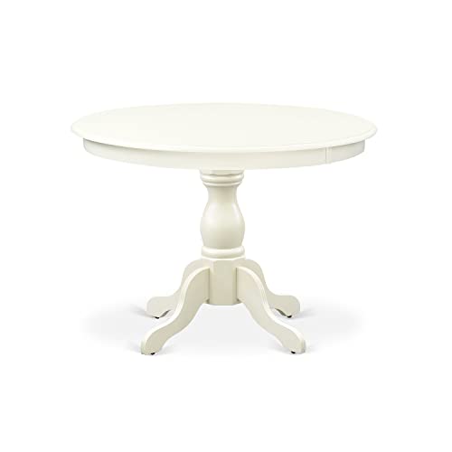 East West Furniture HBAD5-LWH-LC 5 Piece Dining Set Includes a Round Dining Room Table with Pedestal and 4 Faux Leather Upholstered Chairs, 42x42 Inch, Linen White