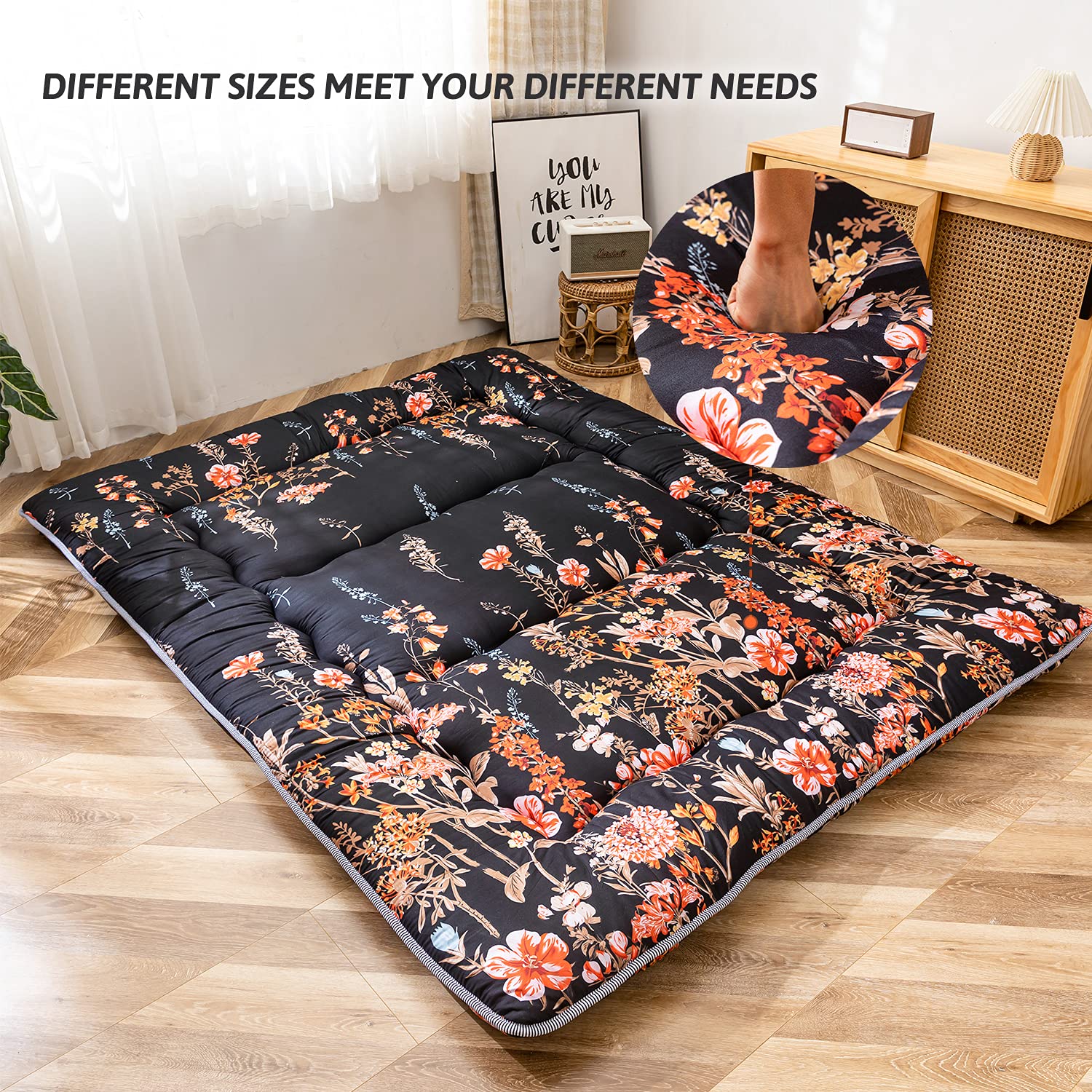 Black Floral Japanese Futon Floor Mattress, Bed Mattress Topper Portable Thick Sleeping Pad Floor Bed Roll Up Camping Mattress Folding Couch Bed Mattress Pad for Guest Room, Full Size