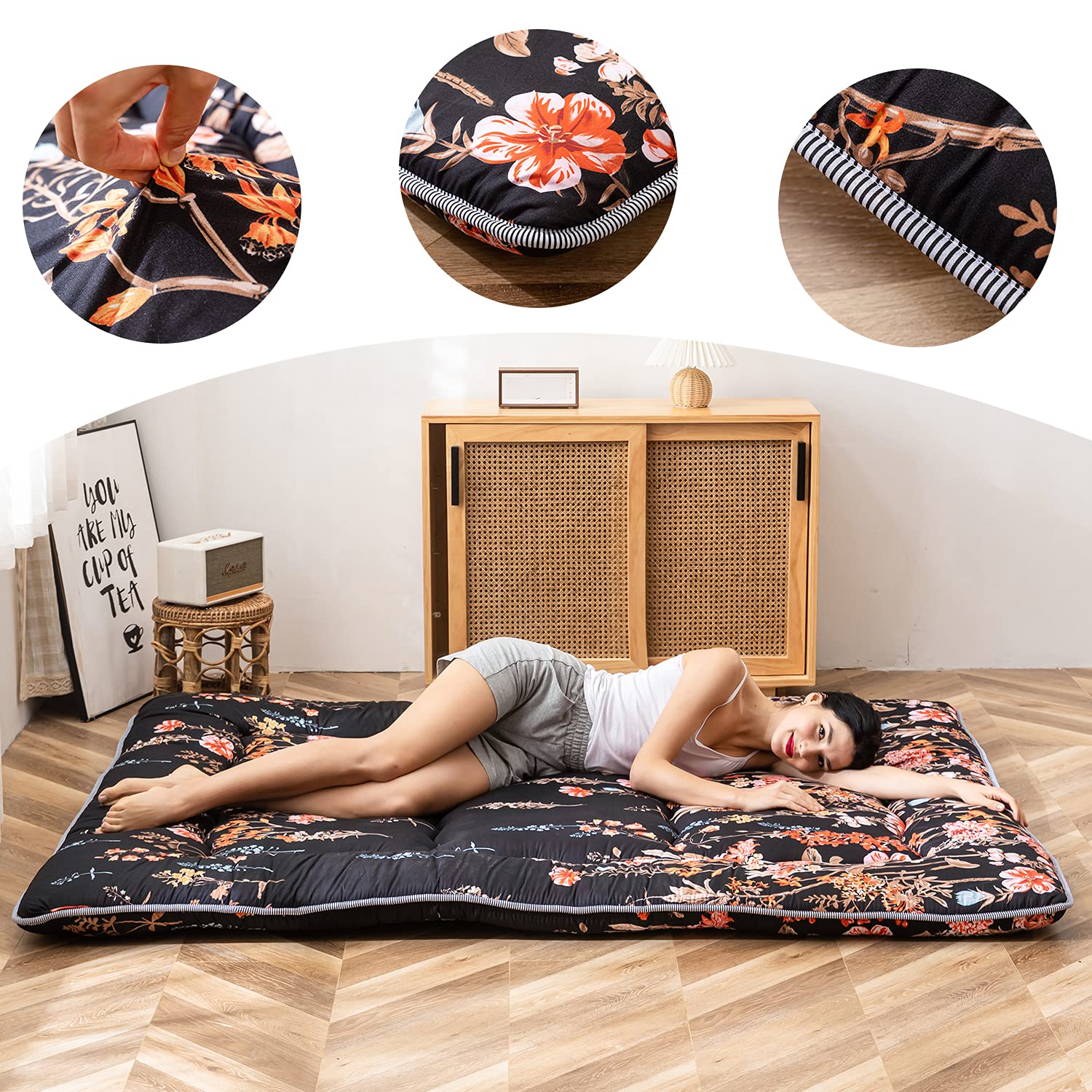 Black Floral Japanese Futon Floor Mattress, Bed Mattress Topper Portable Thick Sleeping Pad Floor Bed Roll Up Camping Mattress Folding Couch Bed Mattress Pad for Guest Room, Full Size