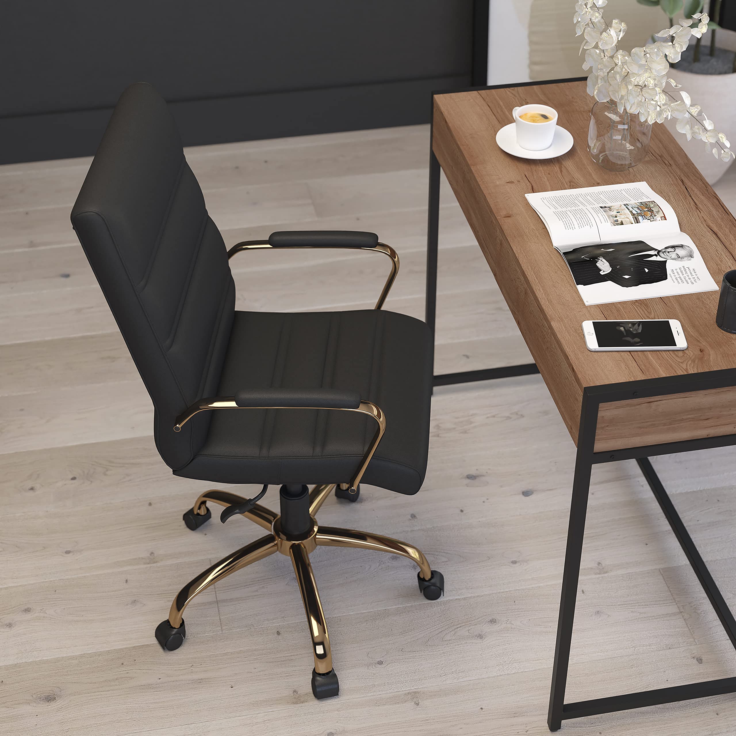 Merrick Lane Milano Contemporary Mid-Back Black Faux Leather Home Office Chair with Padded Gold Arms