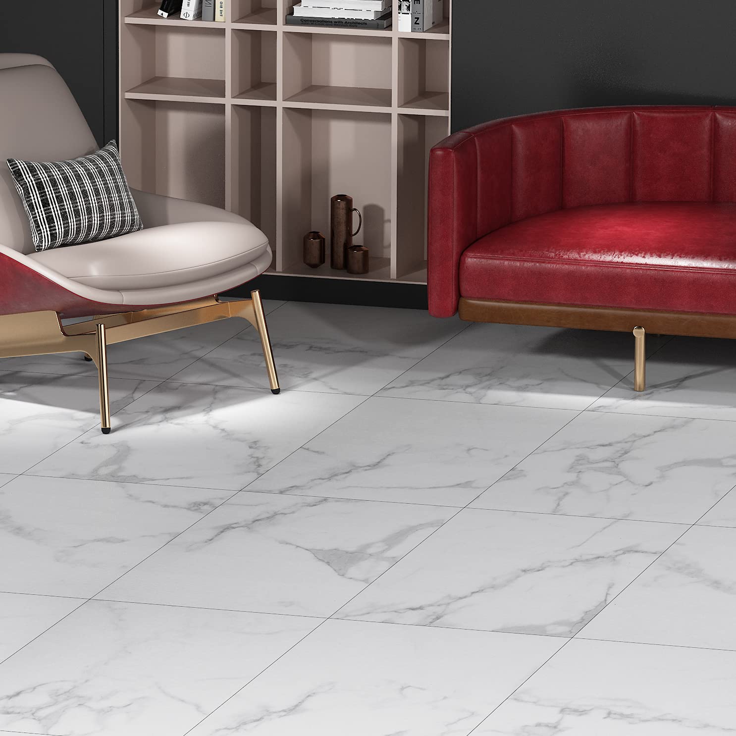 Livelynine Carrara Marble Peel and Stick Floor Tile Bathroom Waterproof Floor Tiles White Marble Vinyl Flooring Sheet Sticky Laminate Flooring Kitchen Renter Friendly Linoleum Stickers 12x12 4-Pack