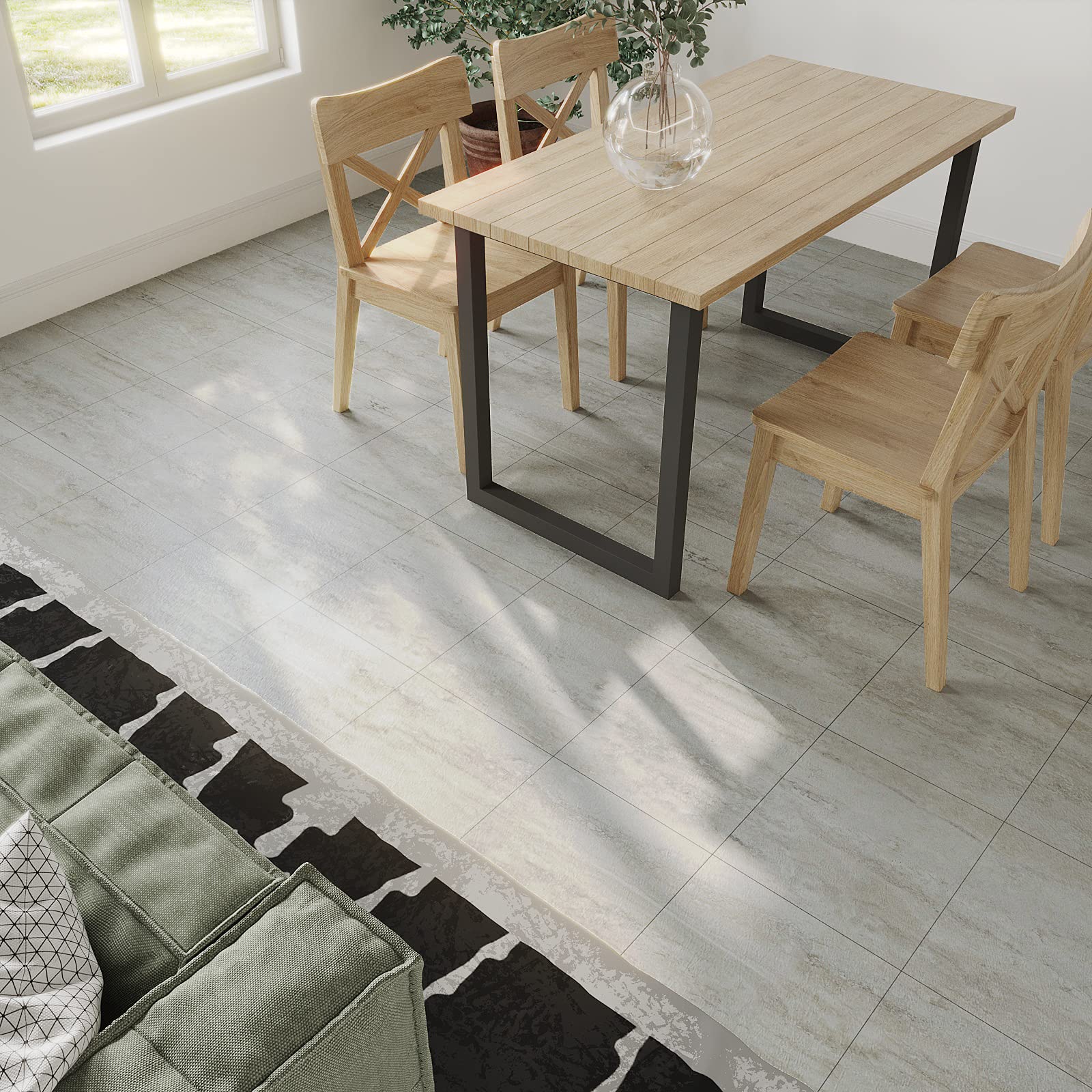 VEELIKE Travertine Peel and Stick Floor Tile - Waterproof Beige Vinyl 12''x12'' 4 Pack - Marble Stick-On Laminate for Bathroom Kitchen - Adhesive Temporary Flooring for Renters