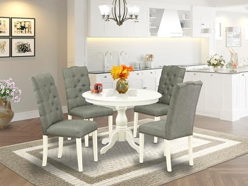 East West Furniture HBEL5-LWH-07 5 Piece Kitchen Table & Chairs Set Includes a Round Dining Room Table with Pedestal and 4 Gray Linen Fabric Parson Dining Chairs, 42x42 Inch, Linen White