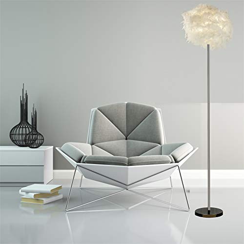 LIGHTACCENTS Feather Floor Lamp with White Shade - Standing Lamp for Living Room - Floor Lamp for Bedroom - Glam Floor Lamp - Chic Feather Shade Polished Chrome Metal Finish