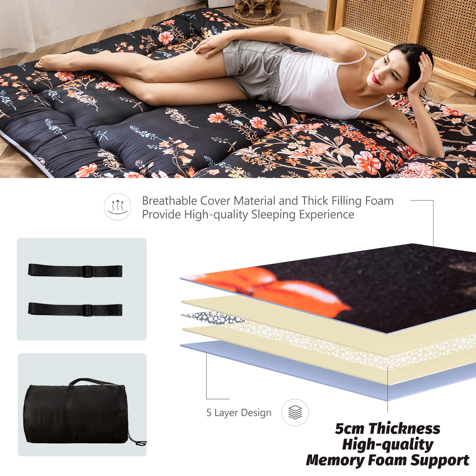 Black Floral Japanese Futon Floor Mattress, Bed Mattress Topper Portable Thick Sleeping Pad Floor Bed Roll Up Camping Mattress Folding Couch Bed Mattress Pad for Guest Room, Full Size