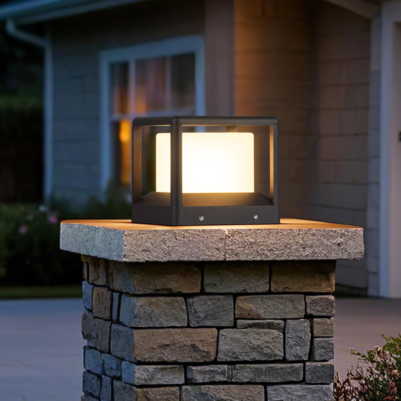 MVBT Outdoor Post Cap Light, 7.1" Modern Fence Deck Column Lamp Waterproof Lantern High Voltage Hard Wired Fixture 3000K Landscape Lighting for Outside Pillar Flat Surface Patio Courtyard Decoration