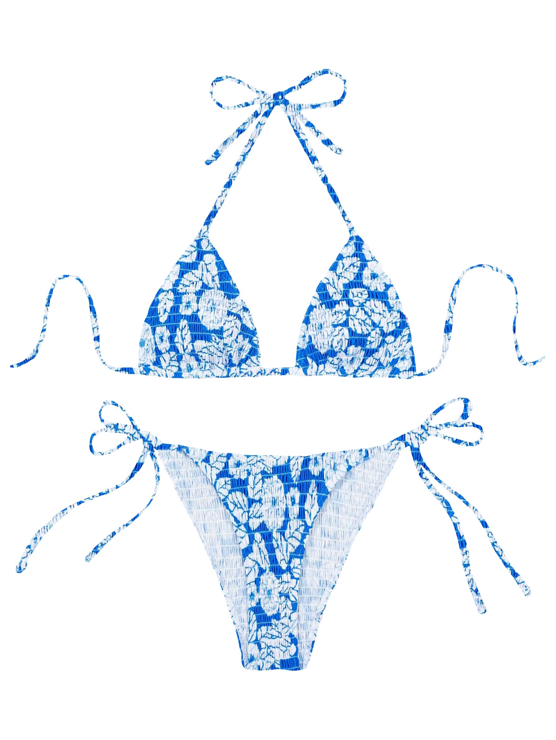 MakeMeChic Women's Halter Tie Side Triangle Bikini Set high Cut 2 Piece Bikini Swimsuit Bathing Suit A-Blue L
