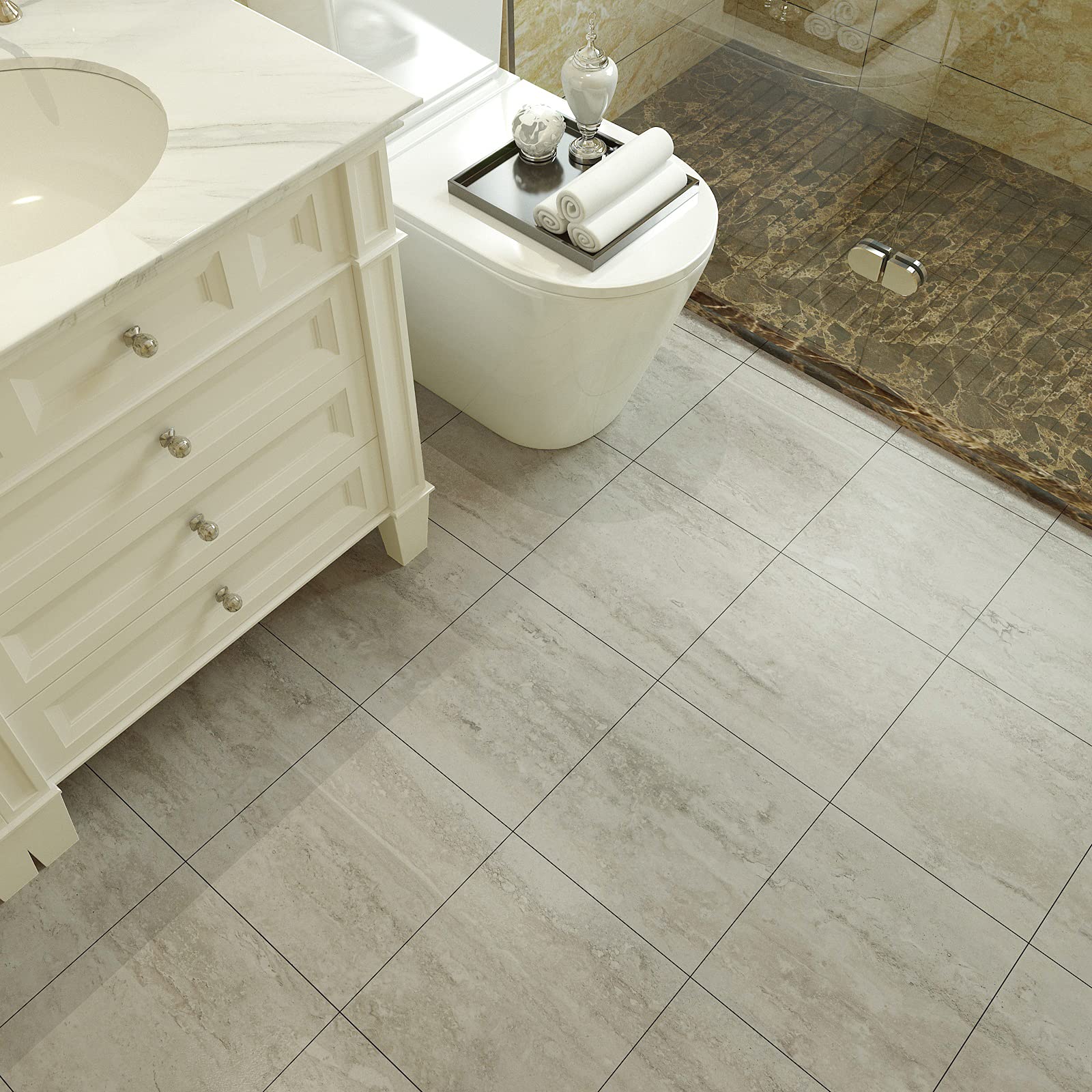 VEELIKE Travertine Peel and Stick Floor Tile - Waterproof Beige Vinyl 12''x12'' 4 Pack - Marble Stick-On Laminate for Bathroom Kitchen - Adhesive Temporary Flooring for Renters