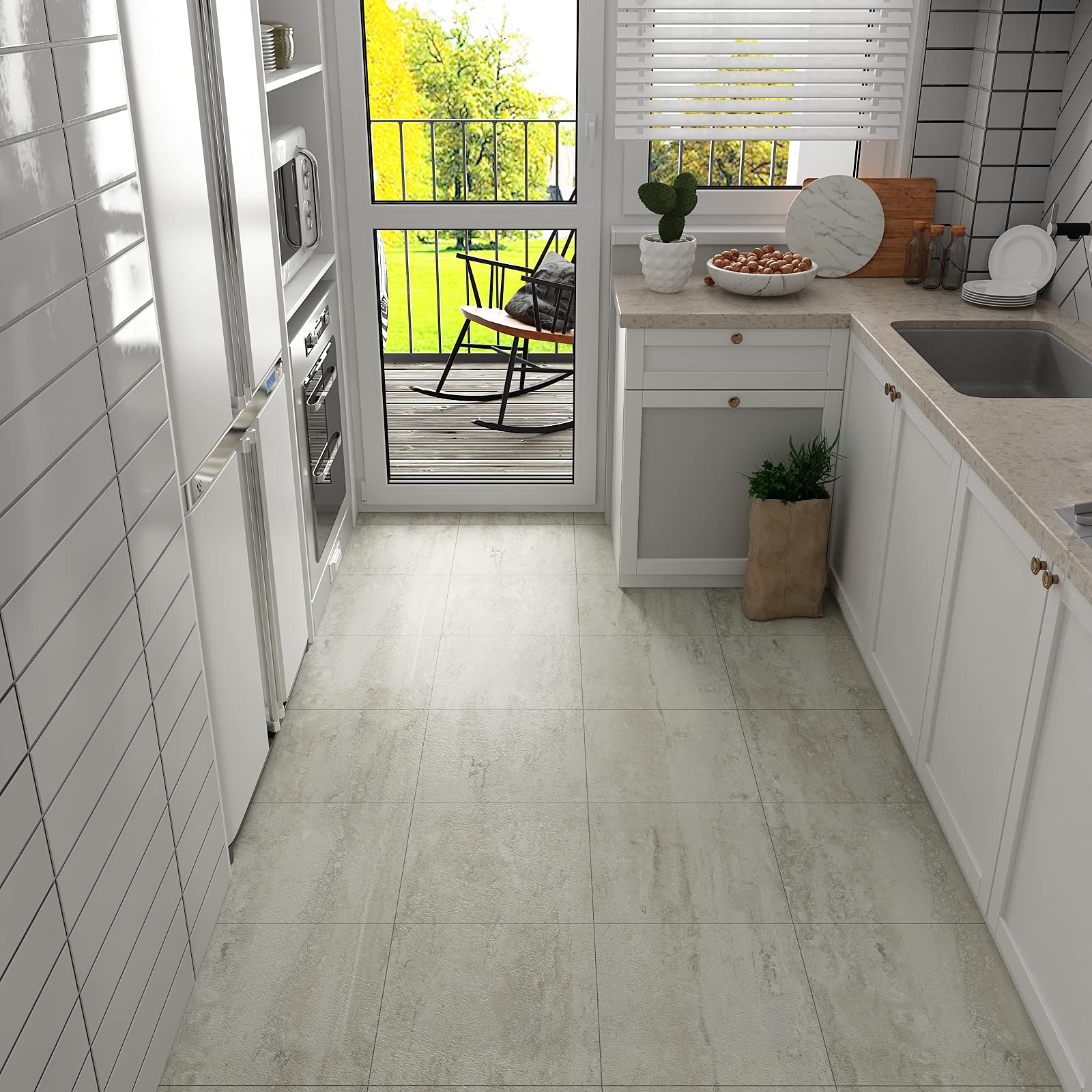 VEELIKE Travertine Peel and Stick Floor Tile - Waterproof Beige Vinyl 12''x12'' 4 Pack - Marble Stick-On Laminate for Bathroom Kitchen - Adhesive Temporary Flooring for Renters
