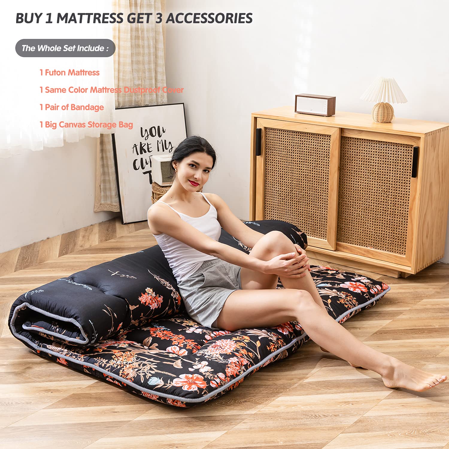 Black Floral Japanese Futon Floor Mattress, Bed Mattress Topper Portable Thick Sleeping Pad Floor Bed Roll Up Camping Mattress Folding Couch Bed Mattress Pad for Guest Room, Full Size