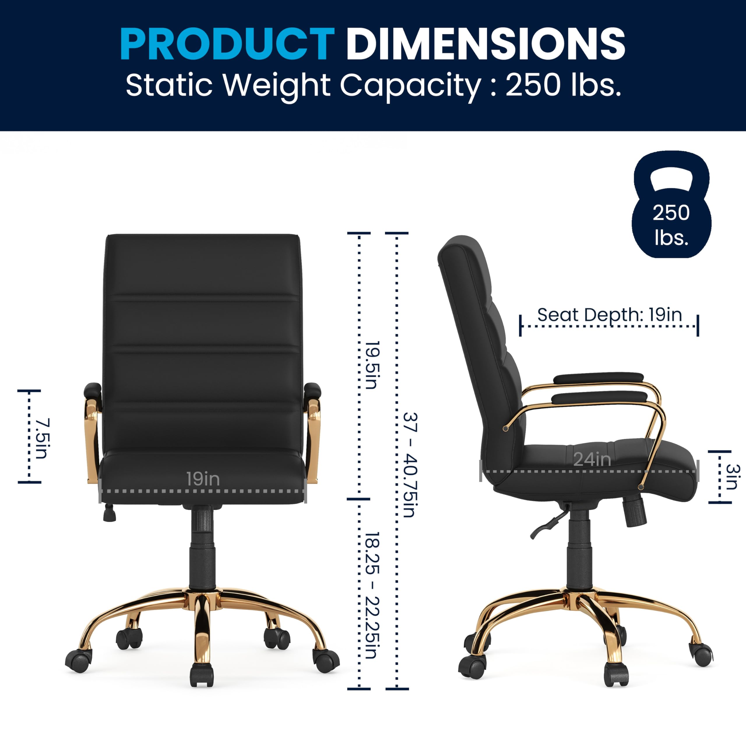 Merrick Lane Milano Contemporary Mid-Back Black Faux Leather Home Office Chair with Padded Gold Arms