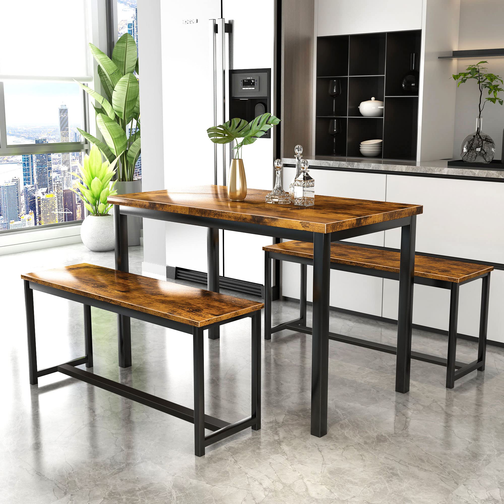 AWQM Dining Room Table Set, Kitchen Table Set with 2 Benches, Ideal for Home, Kitchen and Dining Room, Breakfast Table of 43.3x23.6x28.5 inches, Benches of 38.5x11.8x17.5 inches, Rustic Brown