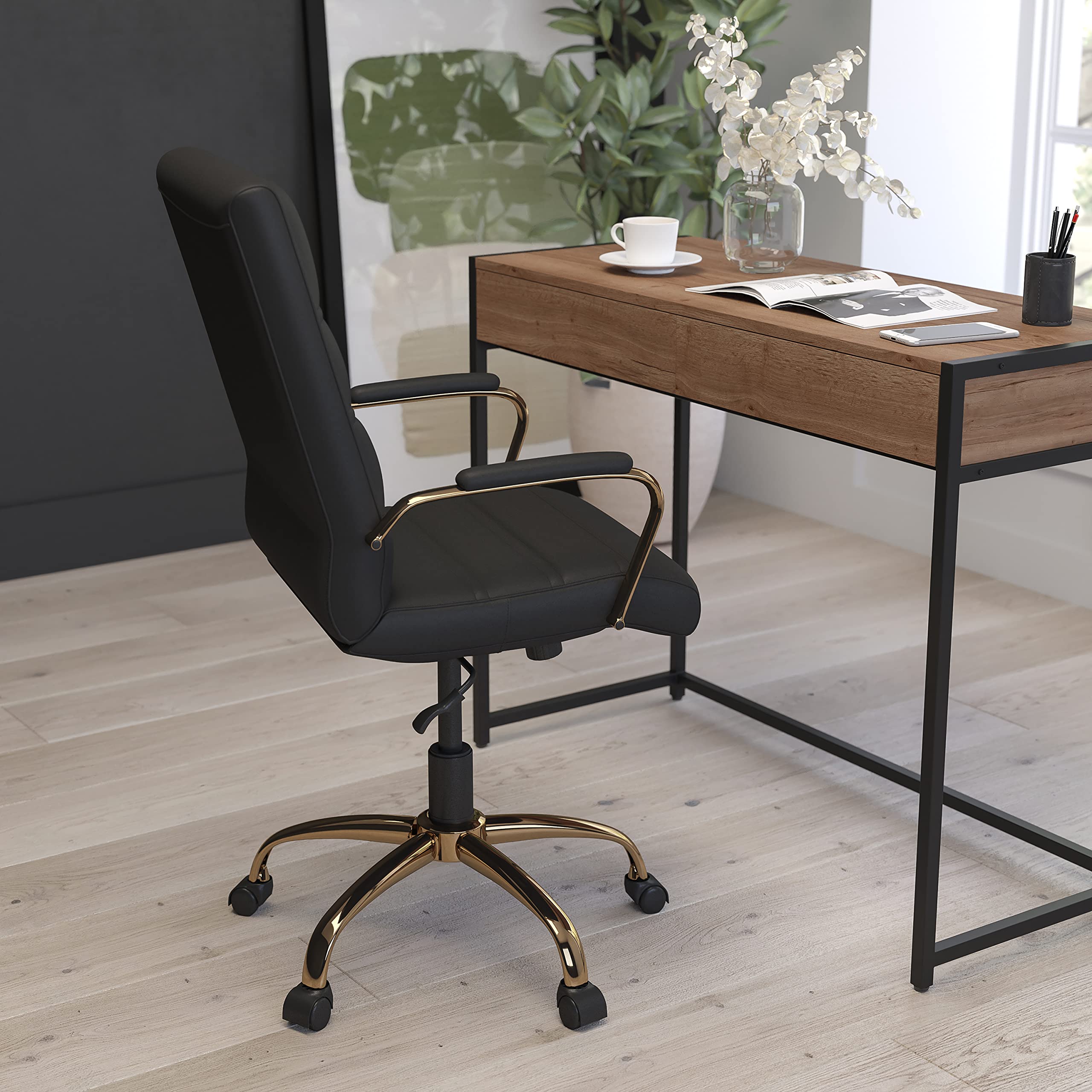 Merrick Lane Milano Contemporary Mid-Back Black Faux Leather Home Office Chair with Padded Gold Arms
