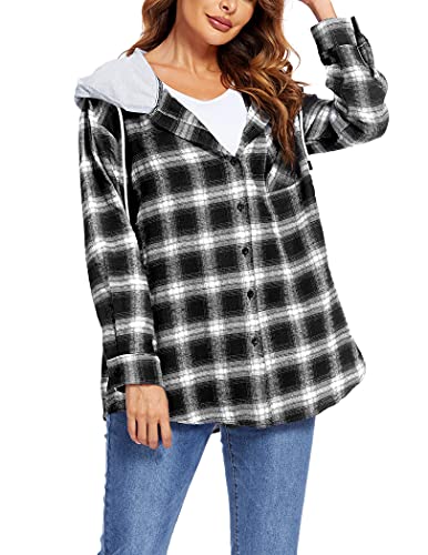 HOTOUCH Hooded Flannel Shirt Women Plaid Top Shacket Button Up Long Sleeve Blouse Lightweight Cotton Tunic Outfit Black L