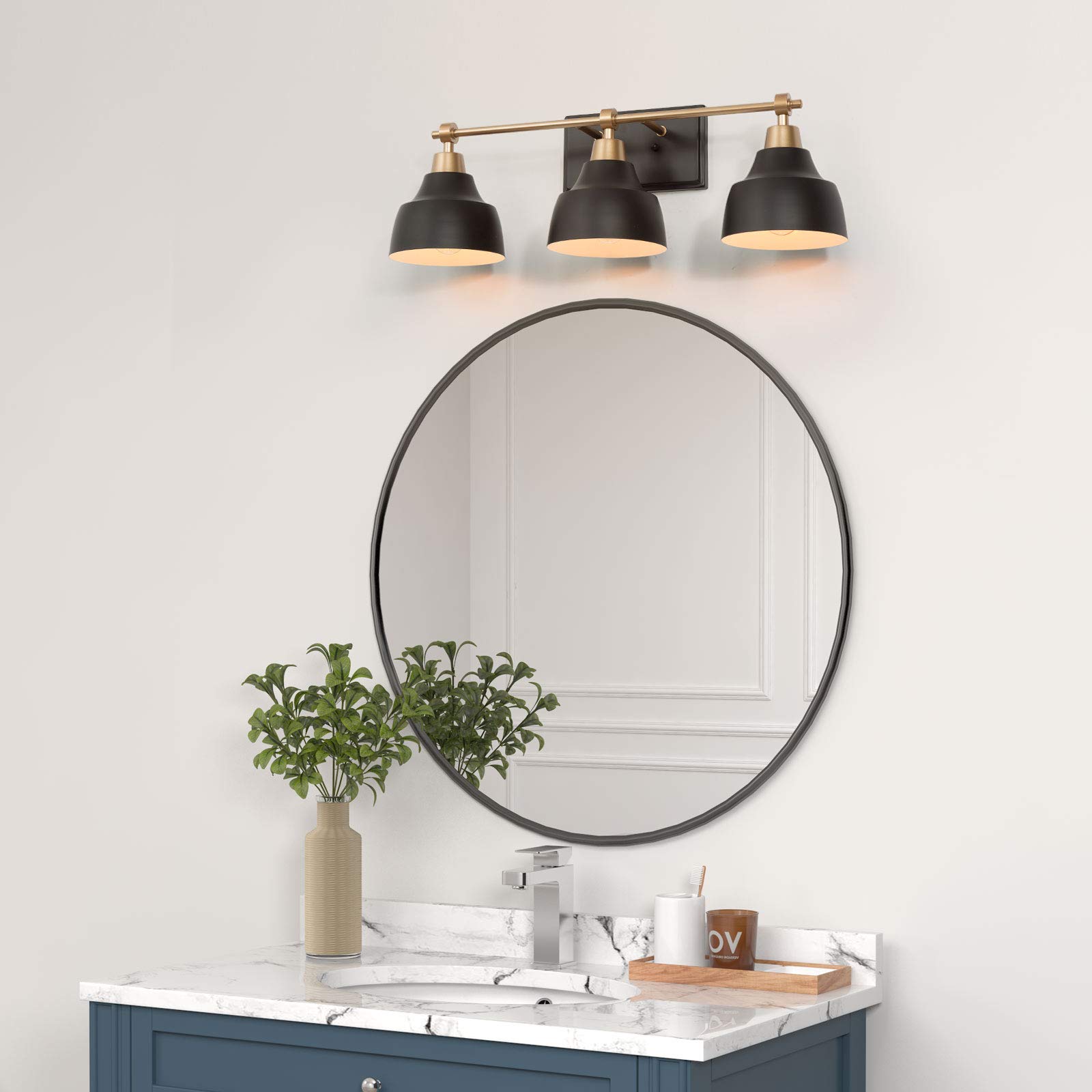 classy leaves Bathroom Light Fixtures, Farmhouse Bathroom Light Fixtures, 3-Light Bathroom Vanity Light with Black Metal Shade and Gold Socket for Bathroom, Hallway, 24.5’’ L x 7’’ W x 8’’ H