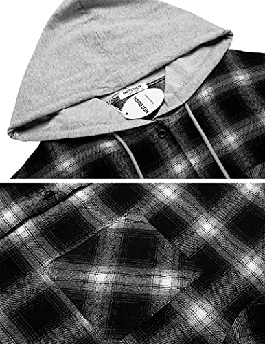 HOTOUCH Hooded Flannel Shirt Women Plaid Top Shacket Button Up Long Sleeve Blouse Lightweight Cotton Tunic Outfit Black L