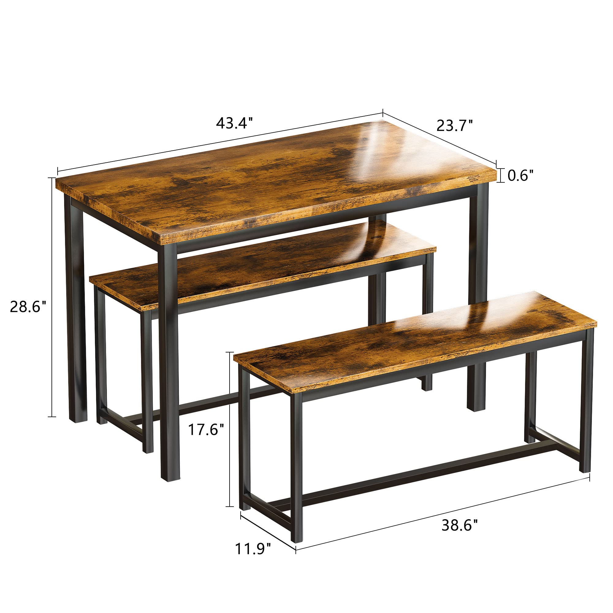 AWQM Dining Room Table Set, Kitchen Table Set with 2 Benches, Ideal for Home, Kitchen and Dining Room, Breakfast Table of 43.3x23.6x28.5 inches, Benches of 38.5x11.8x17.5 inches, Rustic Brown