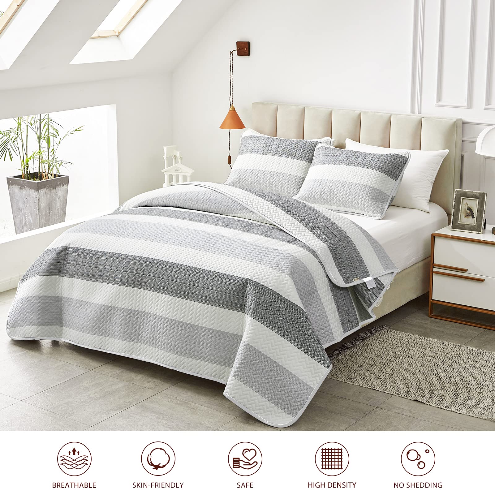 Joyreap 3-Piece Cotton Quilt Set King, Light Gray Penicl Line Stripes Printed on White, Smooth Soft Quilt Bedspread Bed Cover for All Season- 102x90 inches