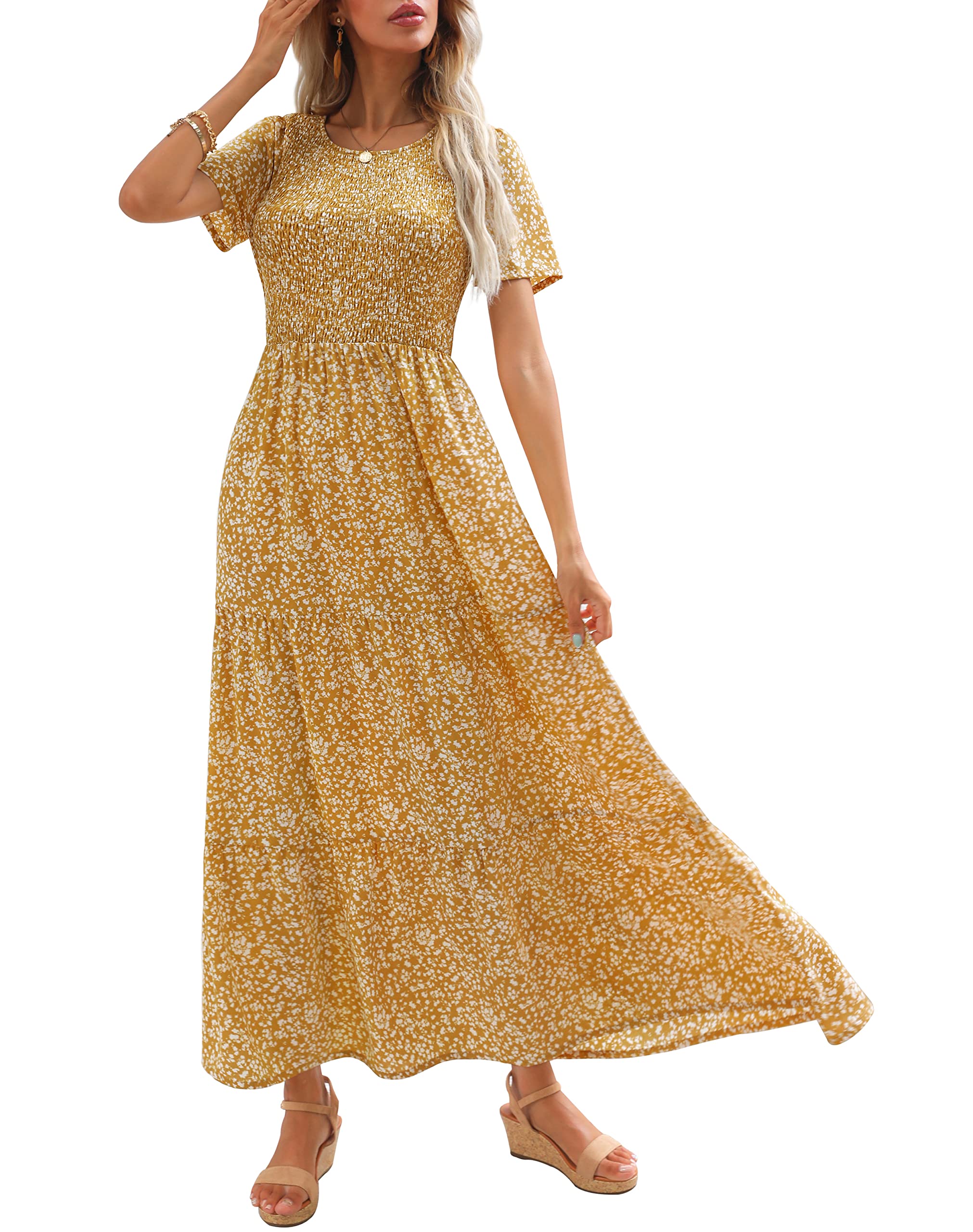 Maggeer Womens 2025 Summer Spring Wedding Guest Long Dresses Boho Maternity Baby Shower Mothers Day Smocked Floral Maxi Dress with Sleeves Mustard XS