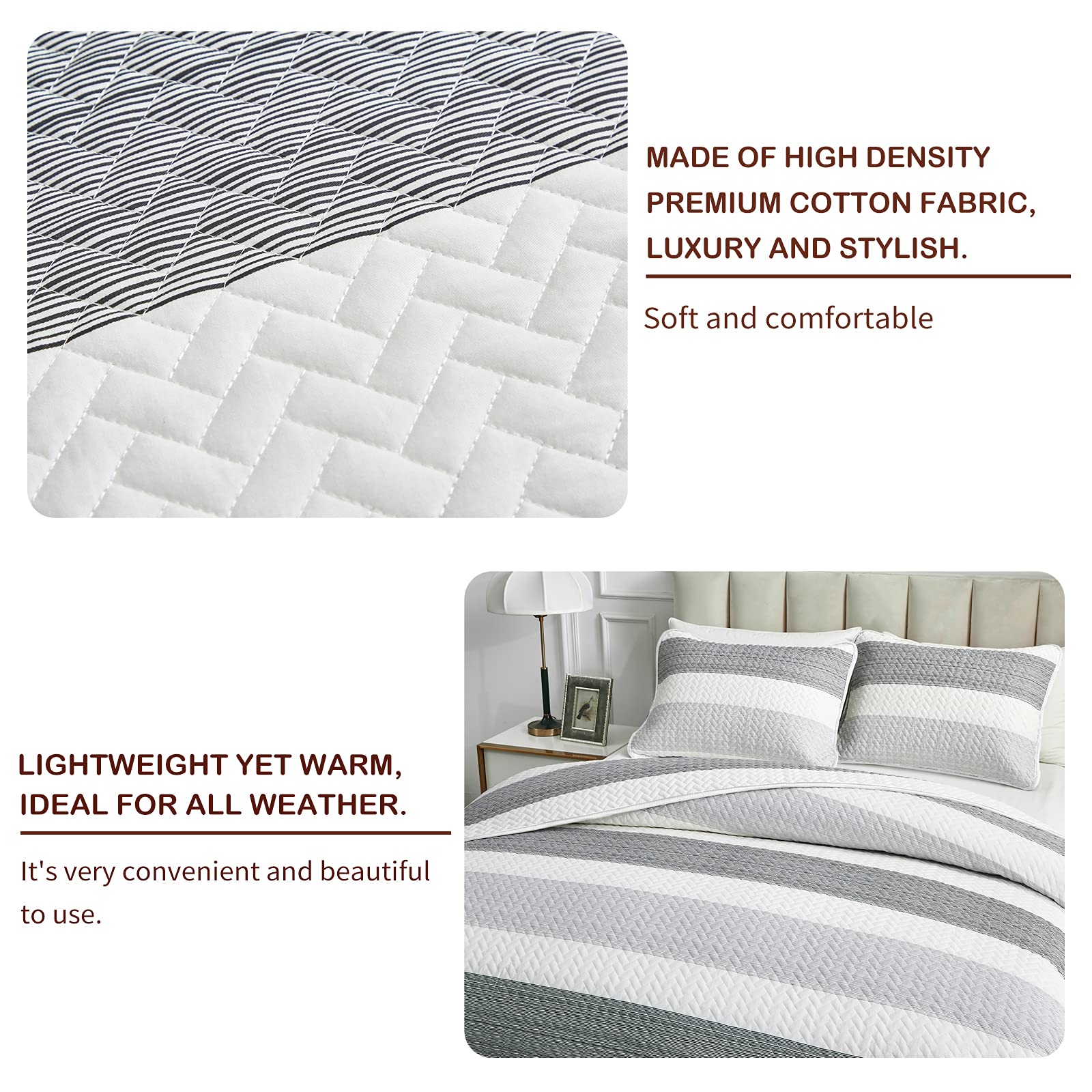 Joyreap 3-Piece Cotton Quilt Set King, Light Gray Penicl Line Stripes Printed on White, Smooth Soft Quilt Bedspread Bed Cover for All Season- 102x90 inches