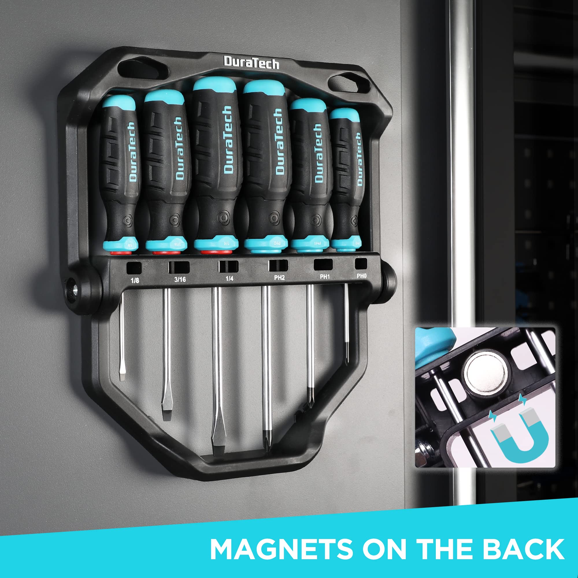 DURATECH 6-Piece Magnetic Screwdrivers Set, 3 Phillips and 3 Flat Head S2 Steel Screwdriver Set with 180° Rotating Storage Rack, Professional Cushion Grip Screw Drivers Tool Set